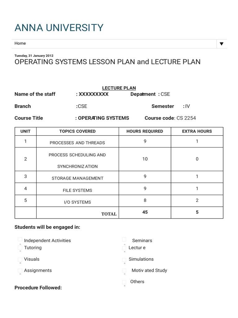 Anna University - Operating Systems Lesson Plan and Lecture Plan | PDF ...