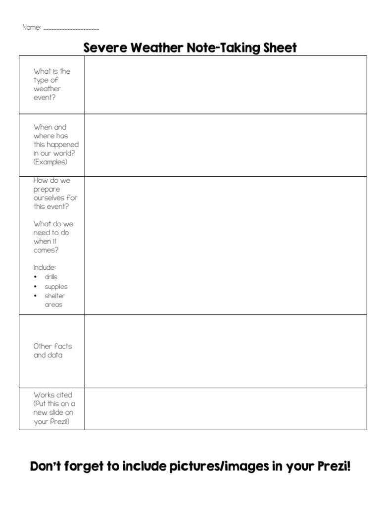 Severe Weather Note-Taking Sheet: - Drills - Supplies - Shelter Areas | PDF