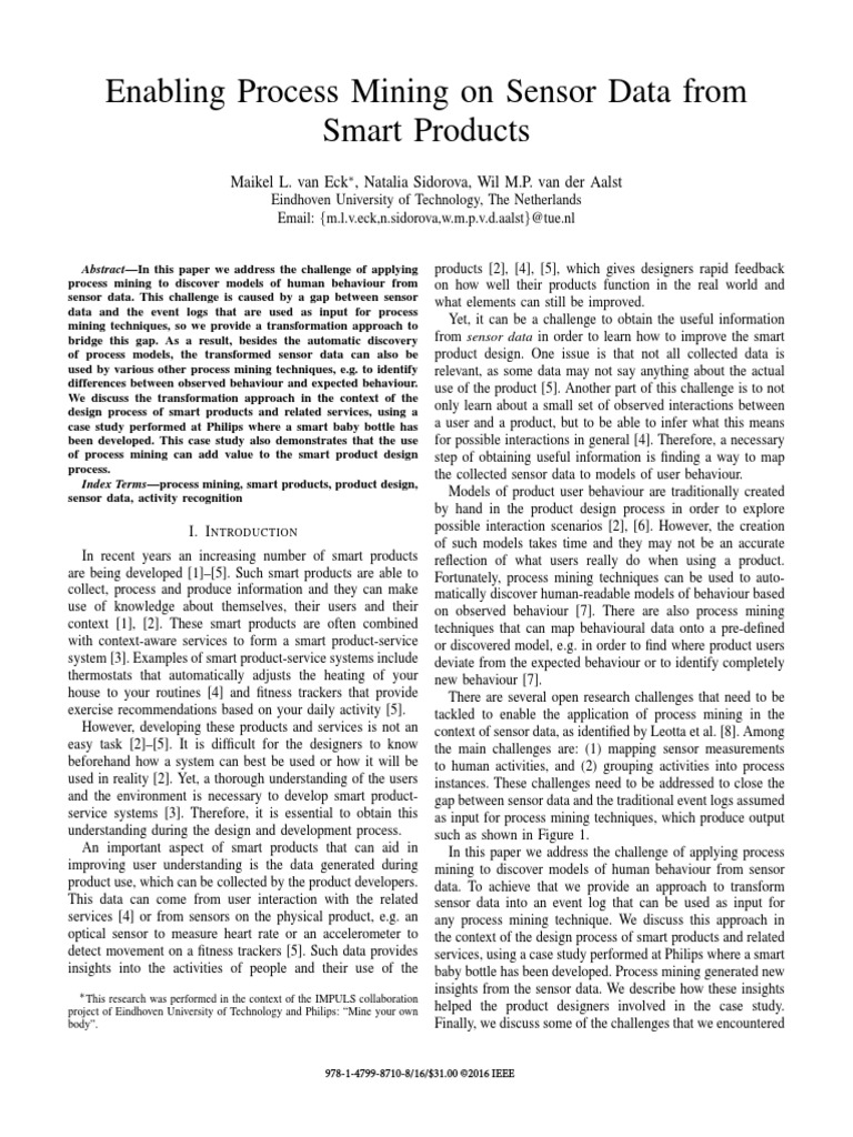 Enabling Process Mining On Sensor Data From Smart Products: Maikel L. Van Eck, Natalia Sidorova ...