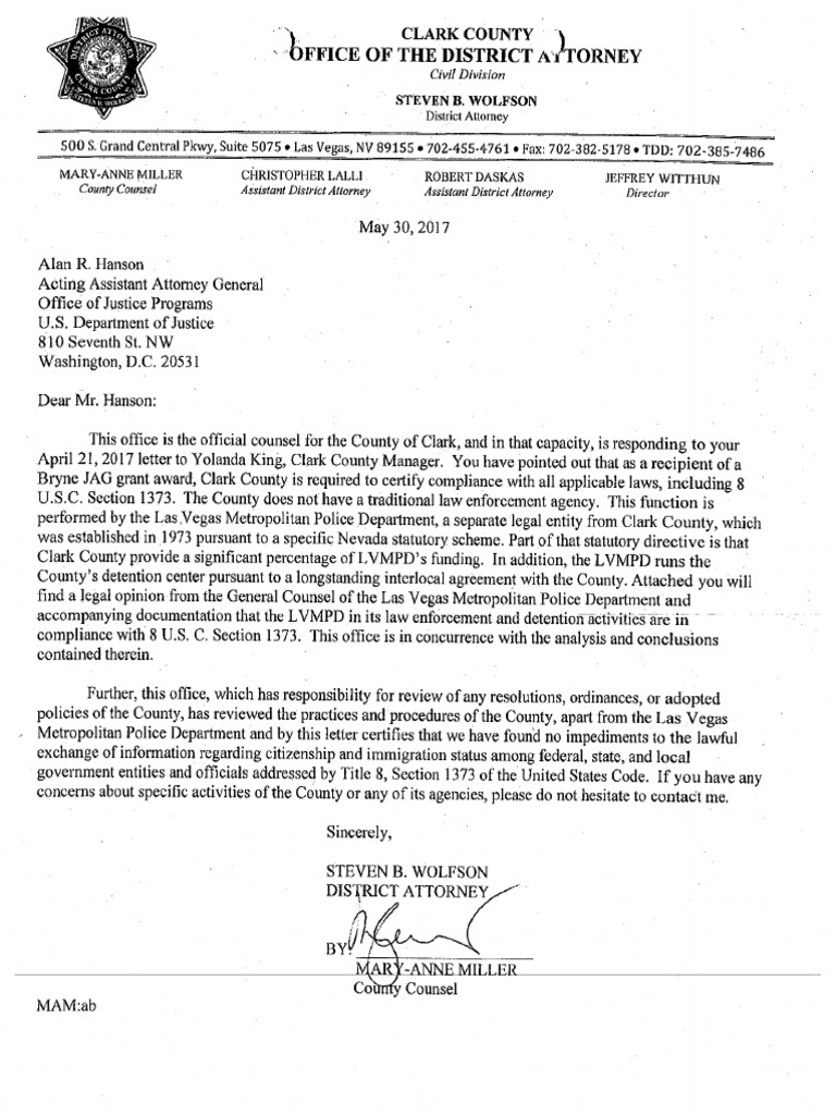 Clark County letter to U.S. Department of Justice