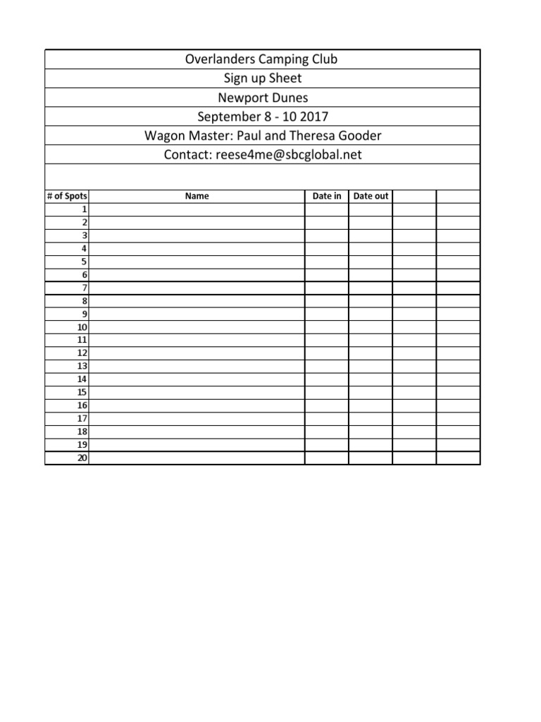 Fillable Sign Up Sheet | PDF