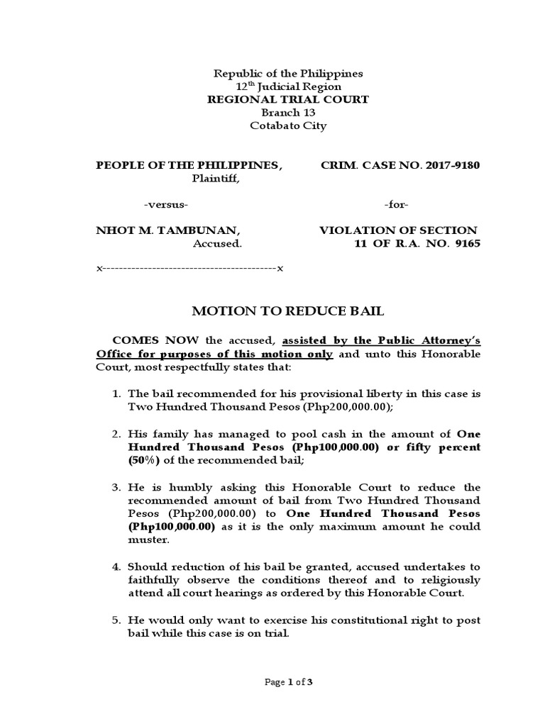 Motion To Reduce Bail RTC13 TAMBUNAN | PDF | Bail | Justice
