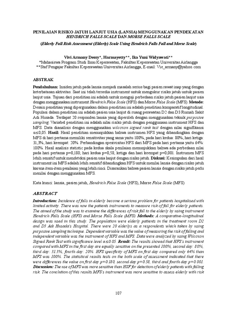ELDERLY FALL RISK ASSESSMENT (ELDERLY) SCALE USING HENDRICH FALLS FALL ...