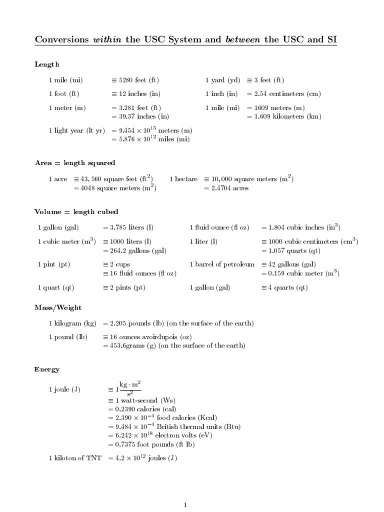 Conversions Within The USC System and Between The USC and SI | PDF ...