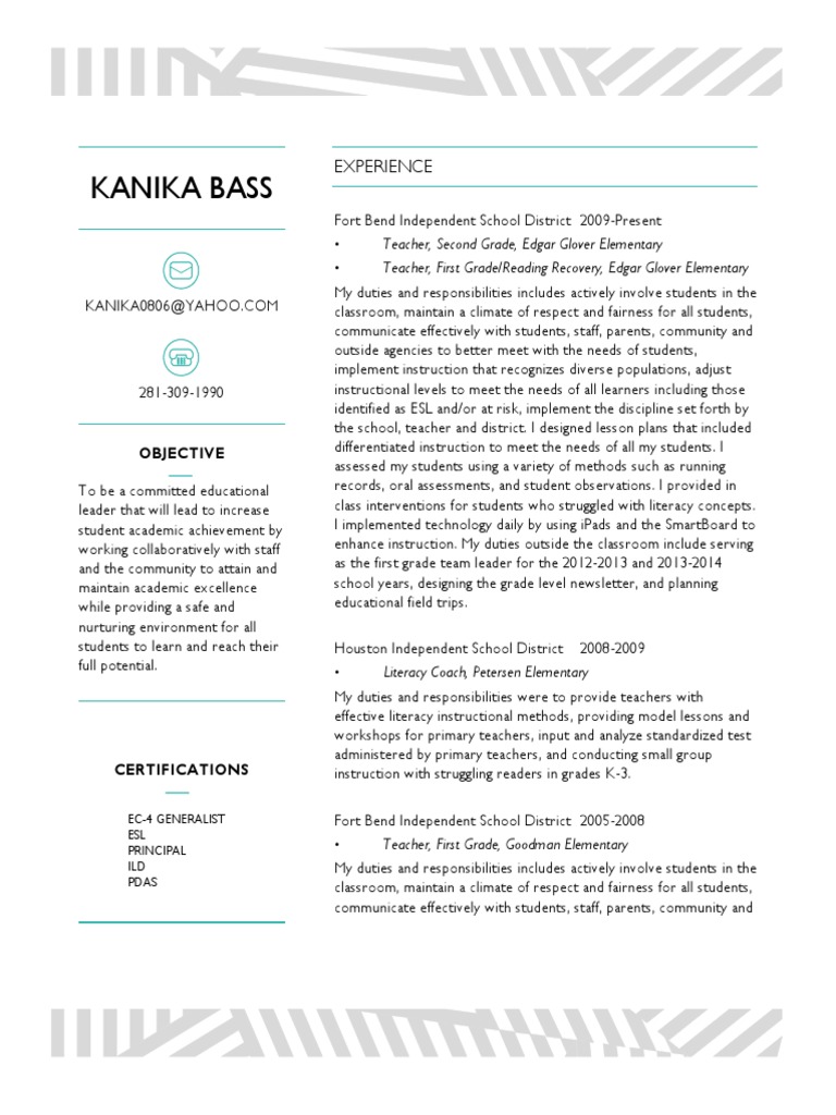 Kanika Bass Resume 2017 1 | Download Free PDF | English As A Second Or Foreign Language | Teachers
