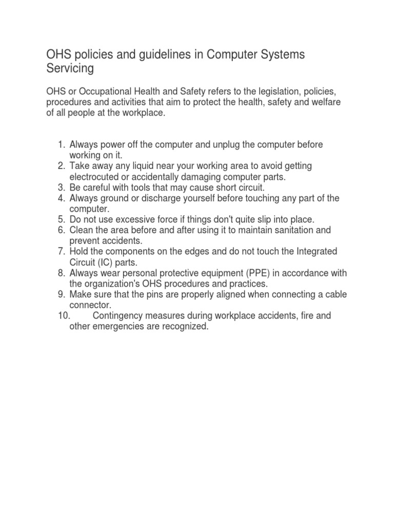 OHS Policies and Guidelines (TESDA CSS NC2 COC1) | Occupational Safety ...