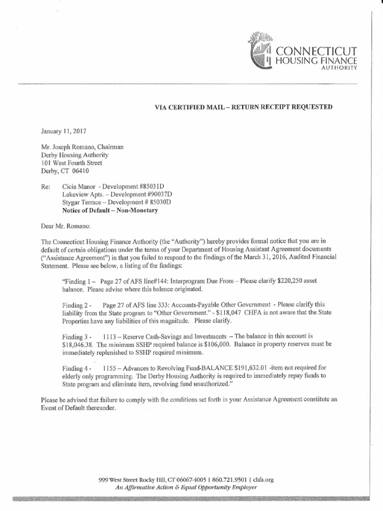 CHFA JANUARY2017 LETTER To Derby Housing Authority | PDF | Economies ...