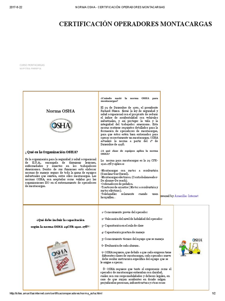 Norma Osha - Certificación Operadores Montacargas | Máquina elevadora ...