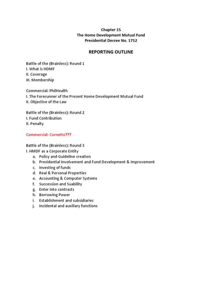 Reporting Outline: The Home Development Mutual Fund Presidential Decree ...