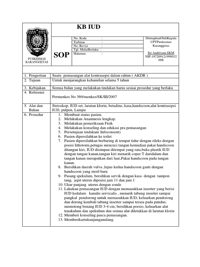 SOP Pemasangan dan Pelepasan IUD | PDF