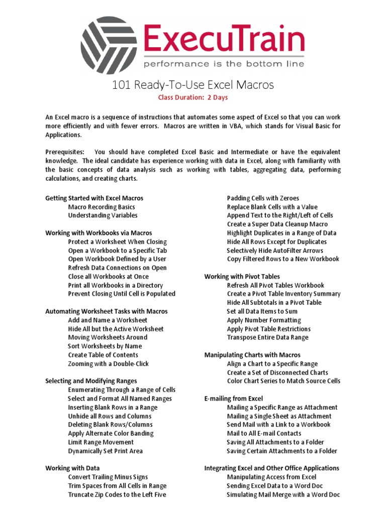 101 Ready-To-Use Excel Macros: Class Duration: 2 Days | PDF | Microsoft ...