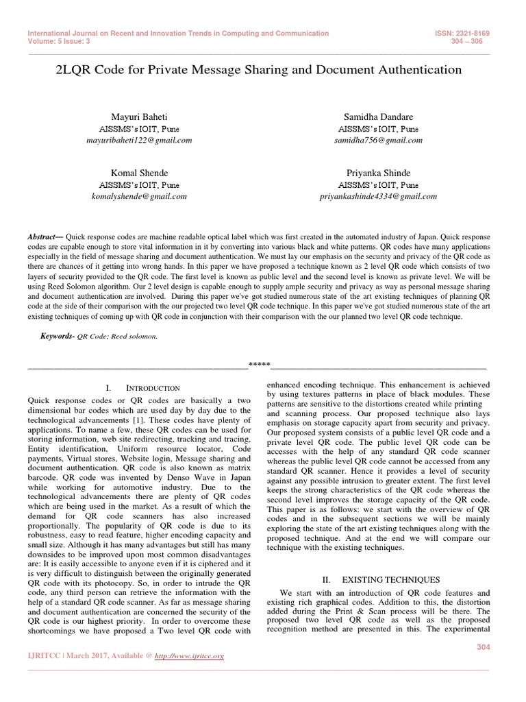 2LQR Code For Private Message Sharing and Document Authentication | PDF | Qr Code | Encodings