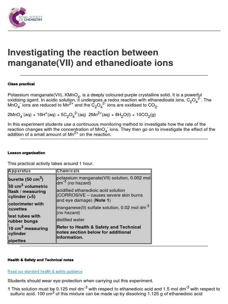 Investigating the reaction between manganate(VII) and ethanedioate ions