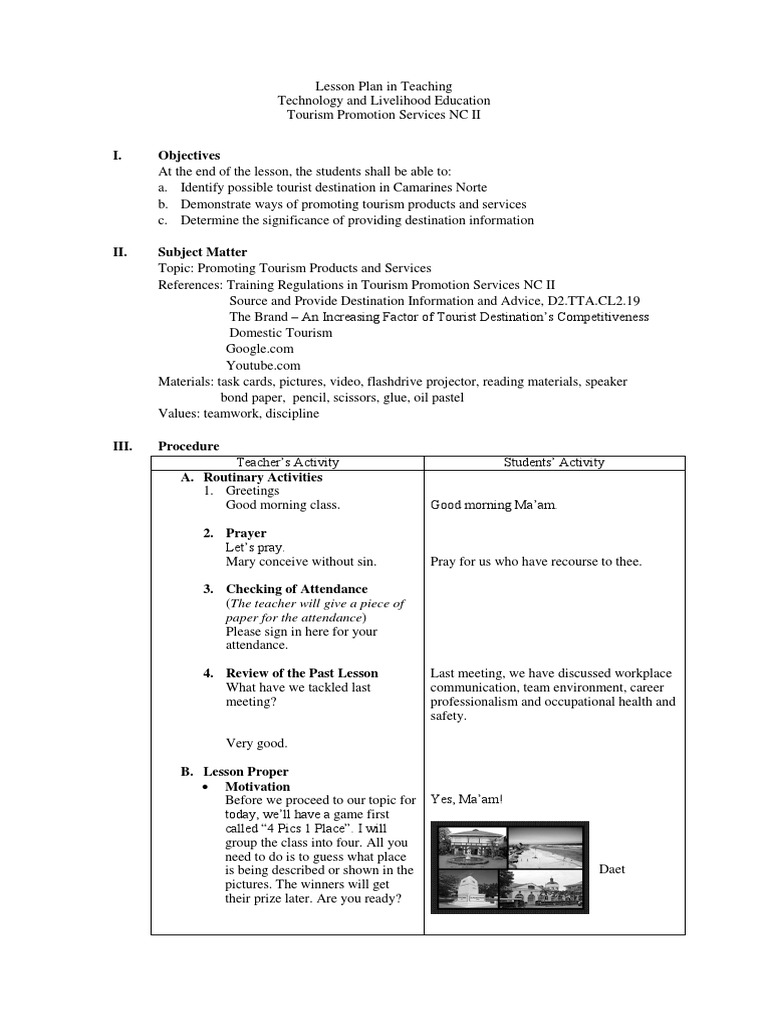 Lesson Plan for Demo | Tourism | Lesson Plan