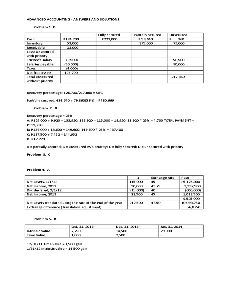 Advanced Accounting - Answers and Solutions: Problem 1. D | PDF ...