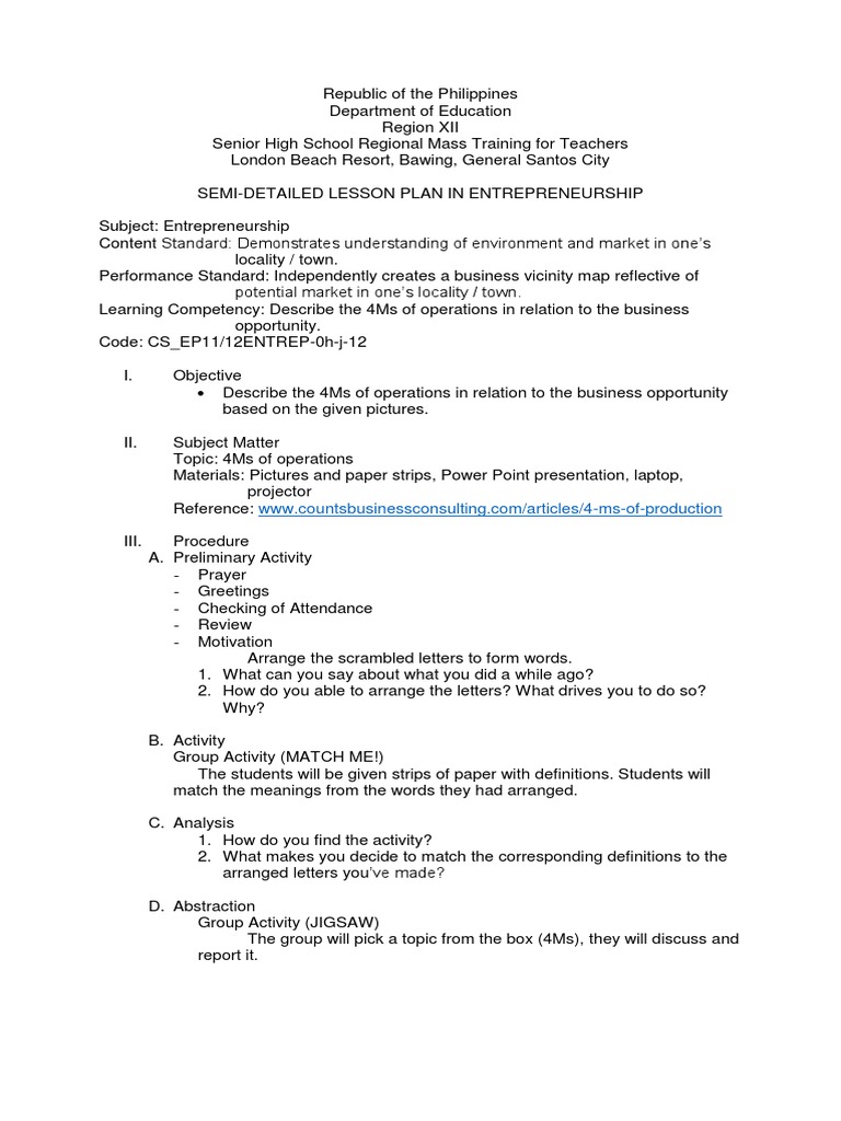 Entrepreneurship | Lesson Plan | Cognition