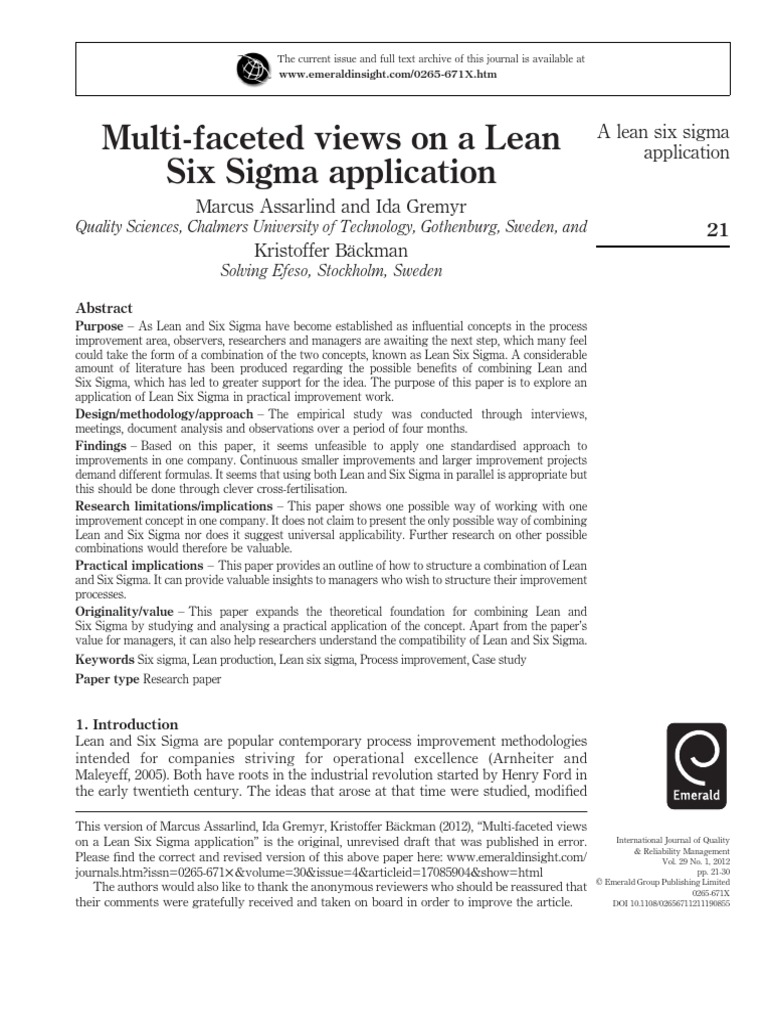 Multi Faceted Views On A Lean Six Sigma Application | PDF | Lean ...