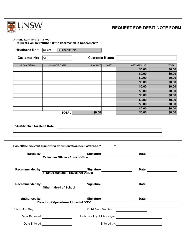 Request For Debit Note Form: Business Unit: Customer No: Customer Name ...