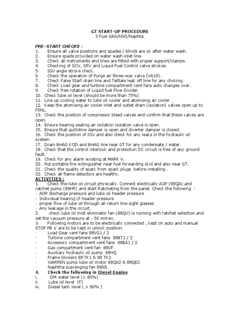 GT Start-Up Procedure Steps | PDF | Clutch | Diesel Engine
