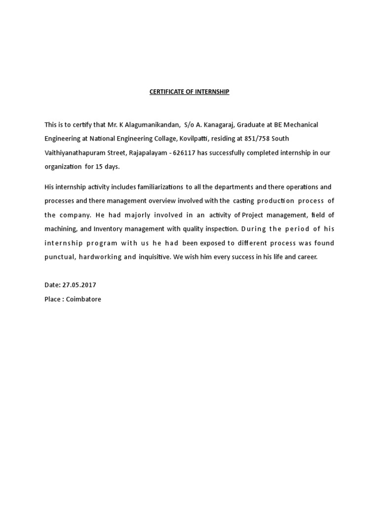 CERTIFICATE OF INTERNSHIP.doc | Students | Mechanical Engineering ...