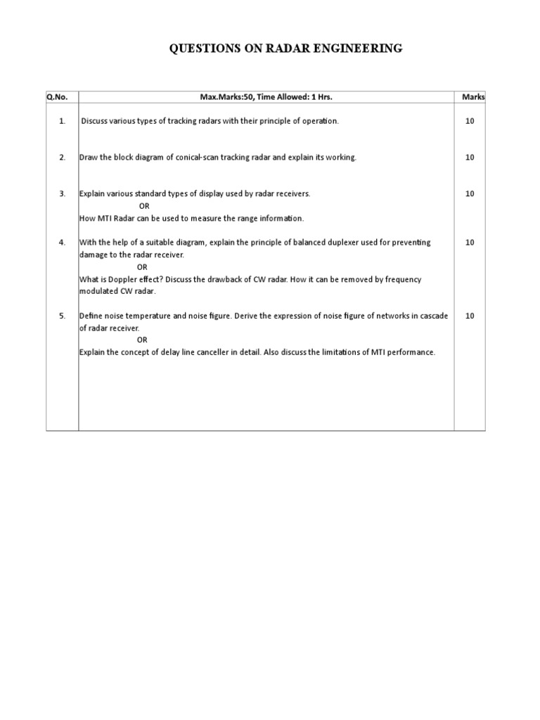 Questions On Radar Engineering: Q.No. Max - Marks:50, Time Allowed: 1 ...