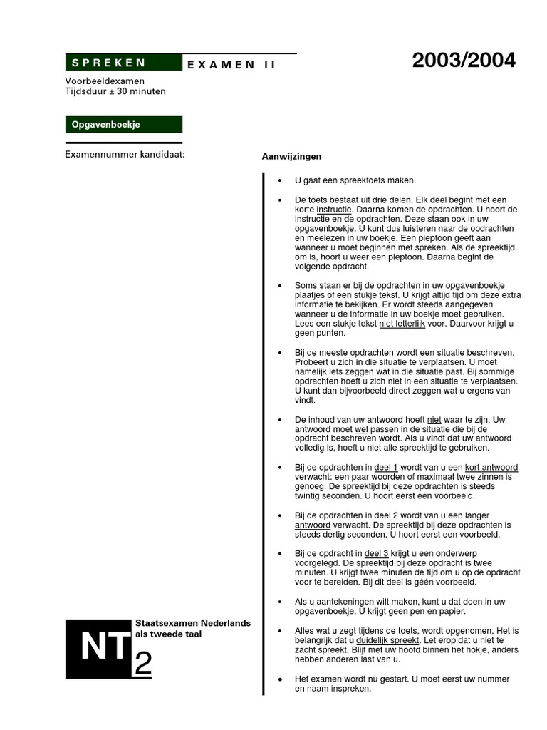 NT2 Examen Opgavenboekje Spreken 2003-2004 | PDF