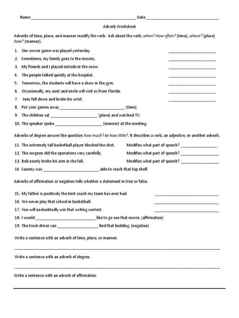 Adverb Worksheet | PDF | Adverb | Part Of Speech