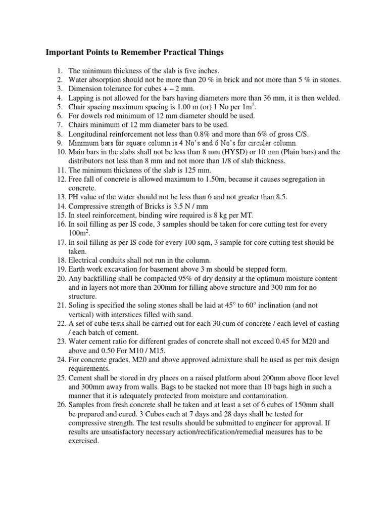 Important Points To Remember Practical Things | PDF | Concrete ...