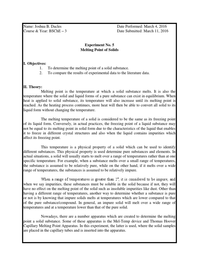 Determination of Melting Points and Identification of Unknown Solids ...