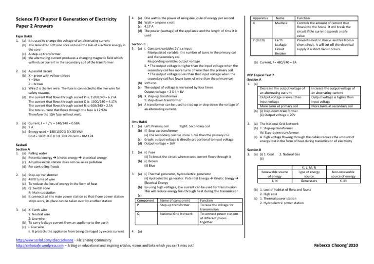 Science F3 Chapter 8 Generation of Electricity-Paper 2 Answers | PDF ...