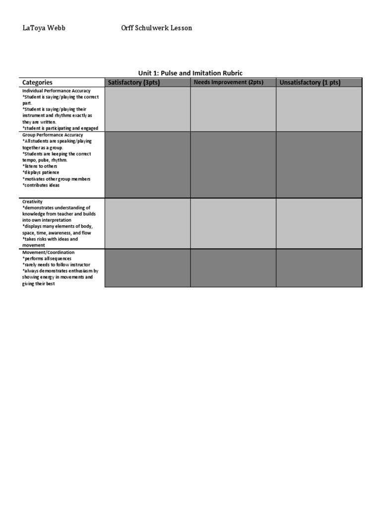 Orff Schulwerk Lesson Performance Rubric | PDF | Self-Improvement