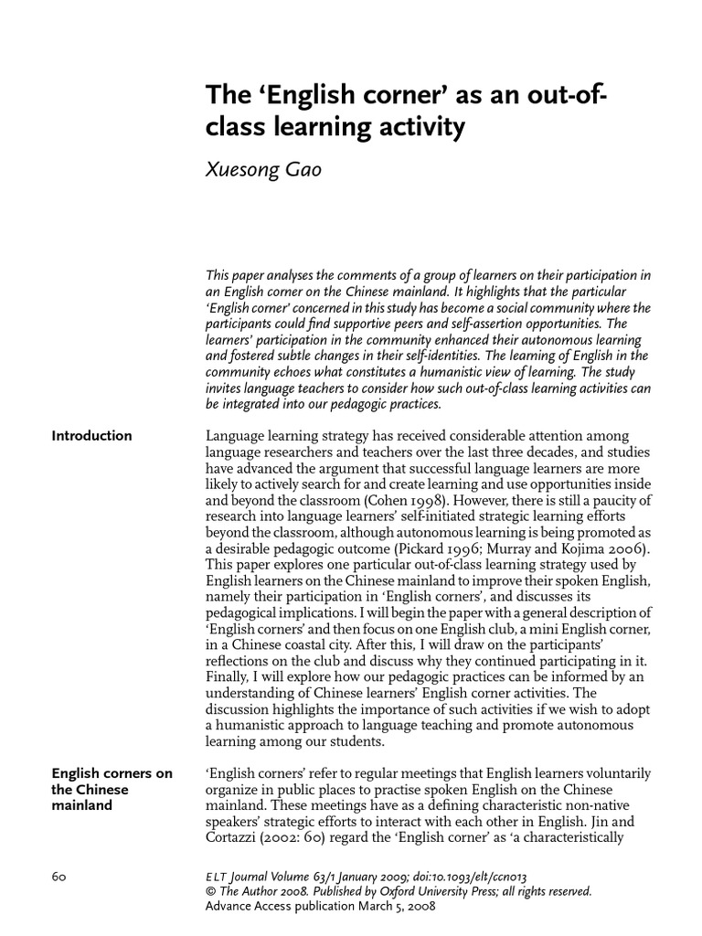 The English Corner' As An Out-Of-Class Learning Activity PDF | PDF ...