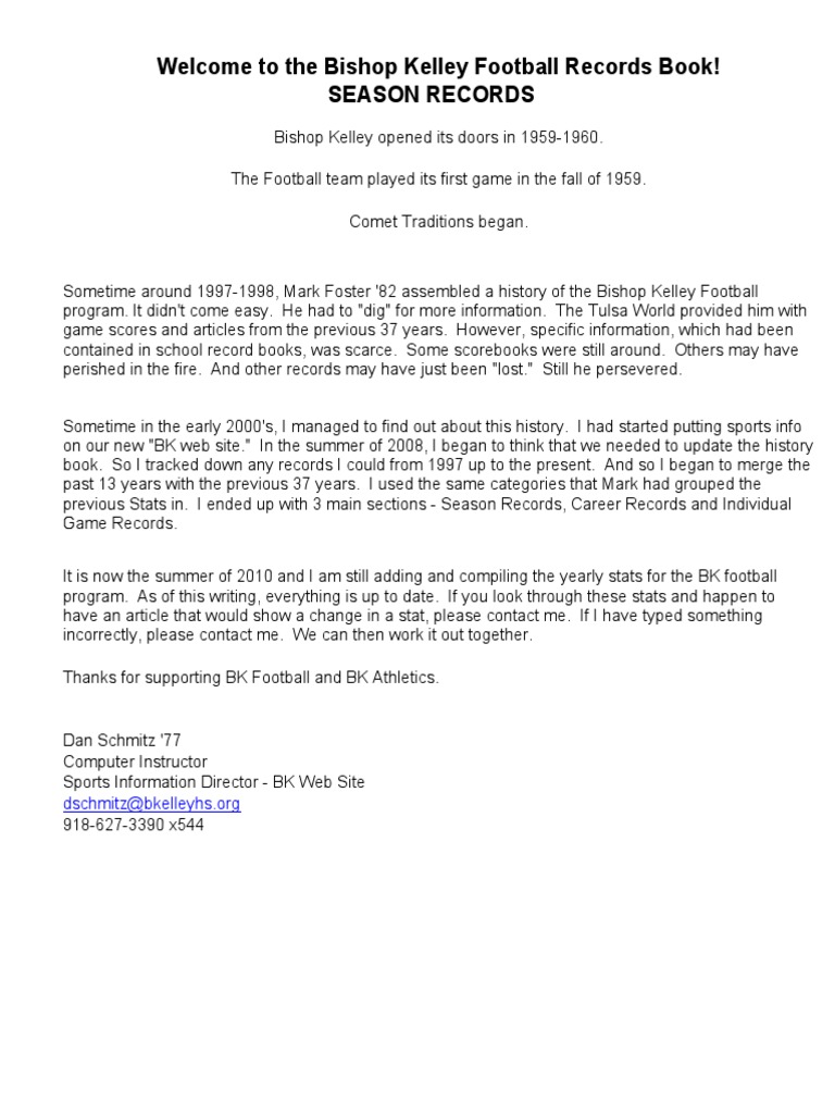 Bishop Kelley Football Records Overview | PDF