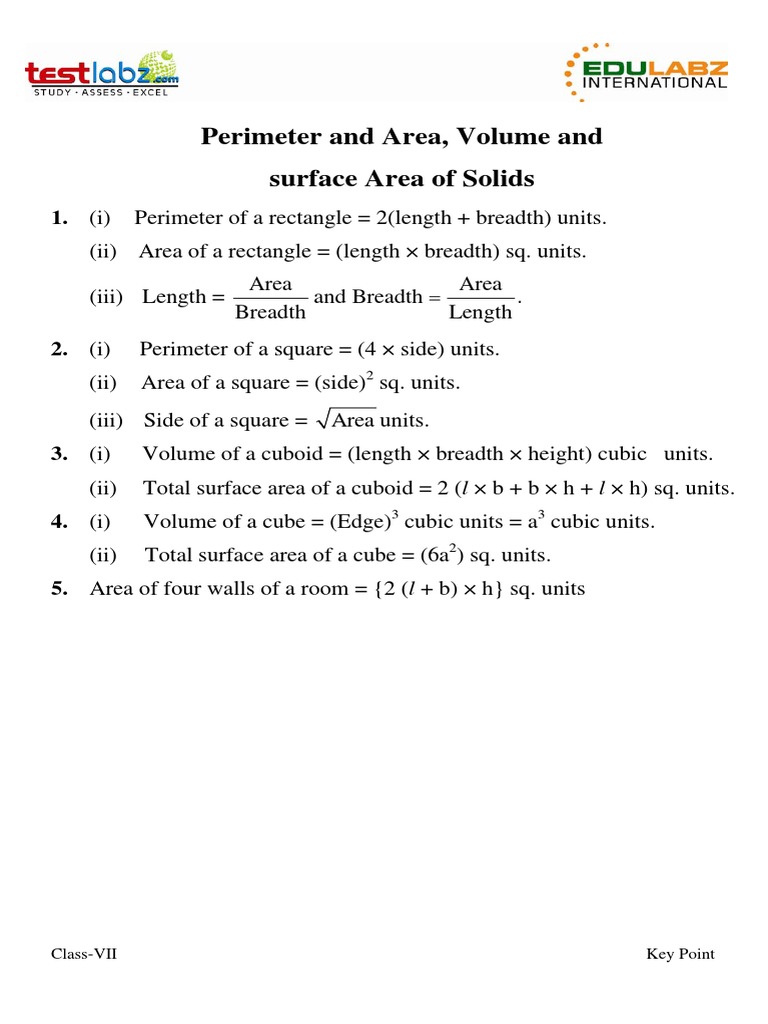 Perimeter and Area, Volume and Surface Area of Solids: 1. (I) Perimeter ...
