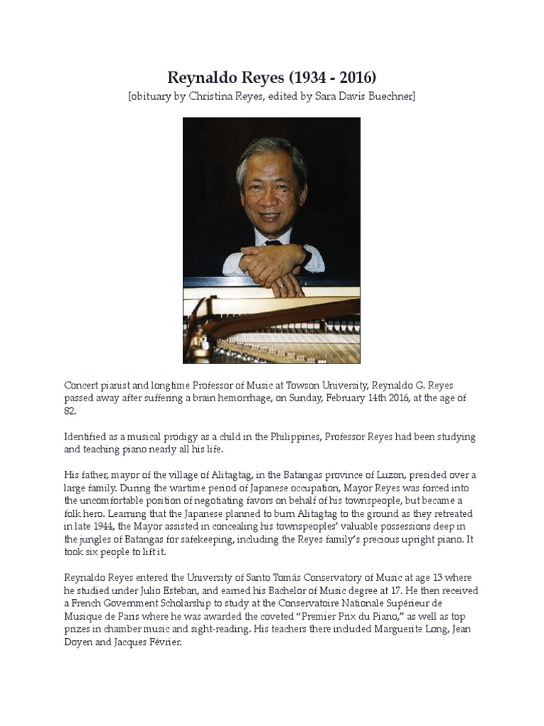 Reynaldo Reyes Obituary | PDF | Music Theory | Performing Arts
