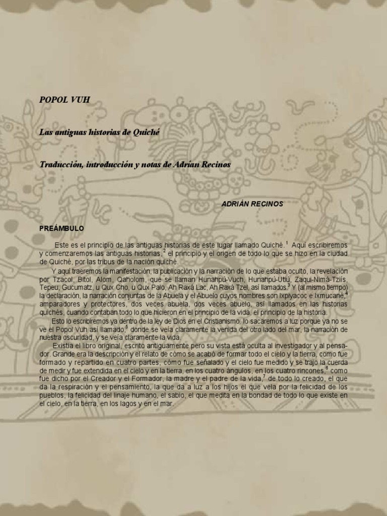 Popol Vuhj - Adrián Recinos PDF | PDF | Mitos de la creación | Religión ...