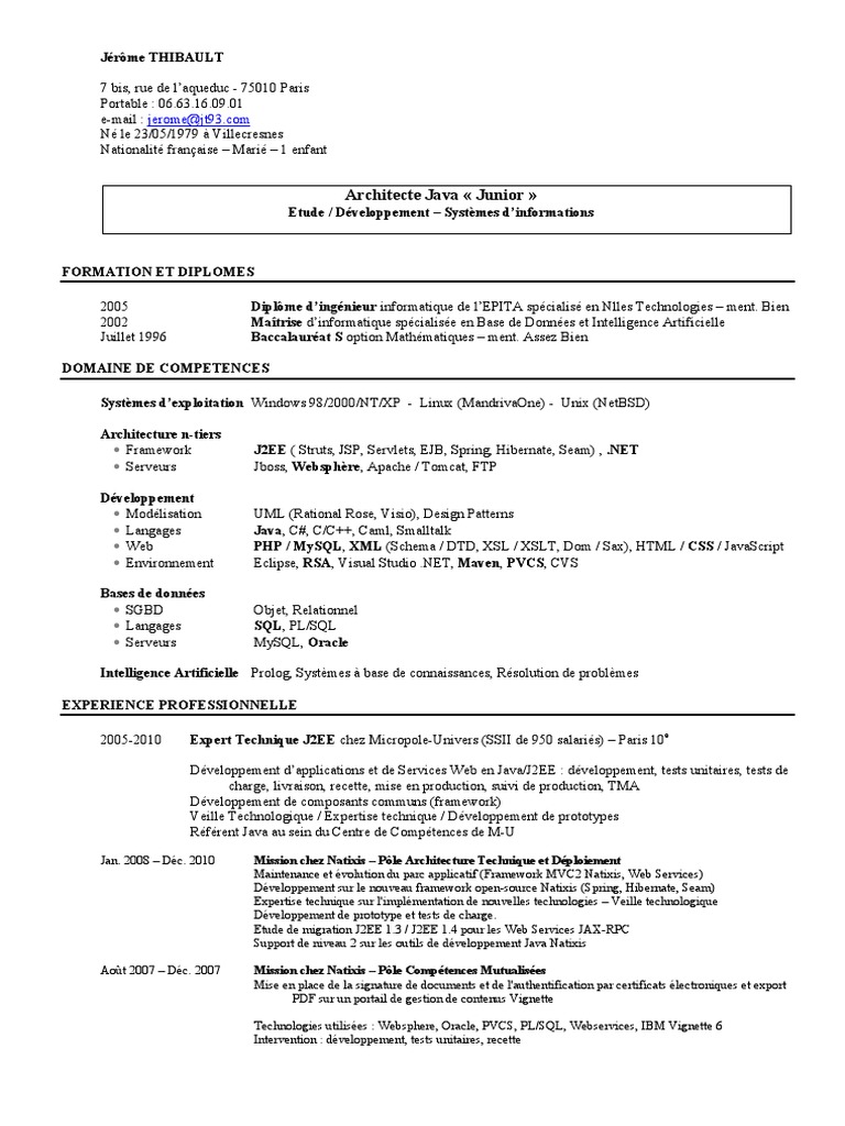 CV Jérôme Thibault - Architecte Java Junior | PDF | Java (Langage de ...