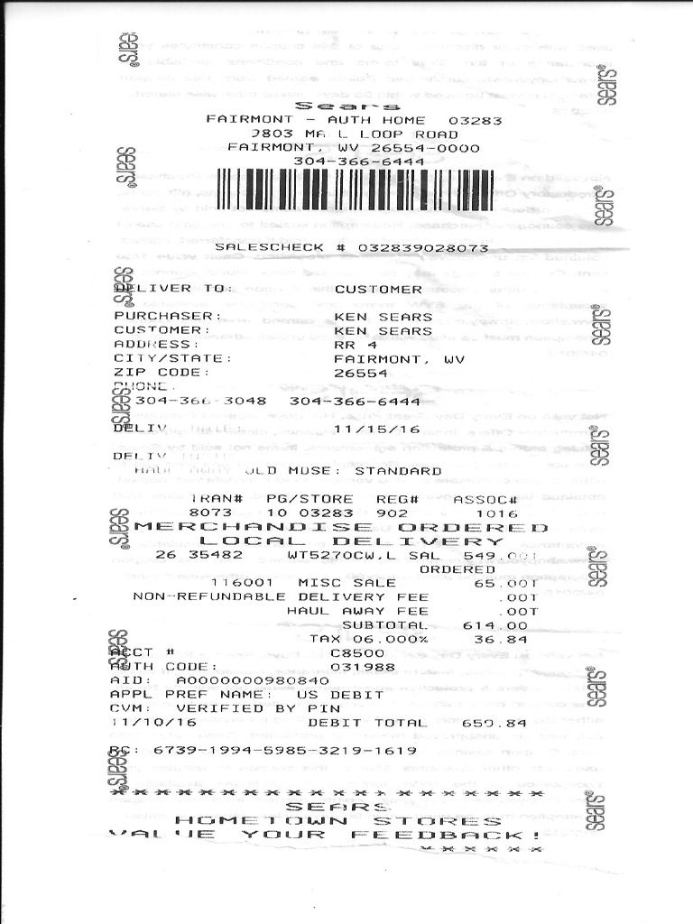Scan - PDF - LG WT520CW - Sears Purchase Receipt (26554) - 11-10-2016 | PDF