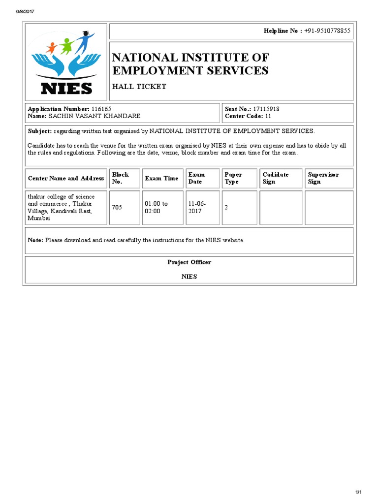 National Institute of Employment Services: Hall Ticket | PDF