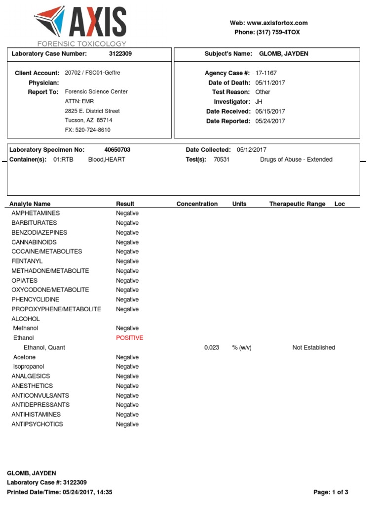 Jayden Glomb Toxicology Report | PDF | Ethanol | Drugs Acting On The ...