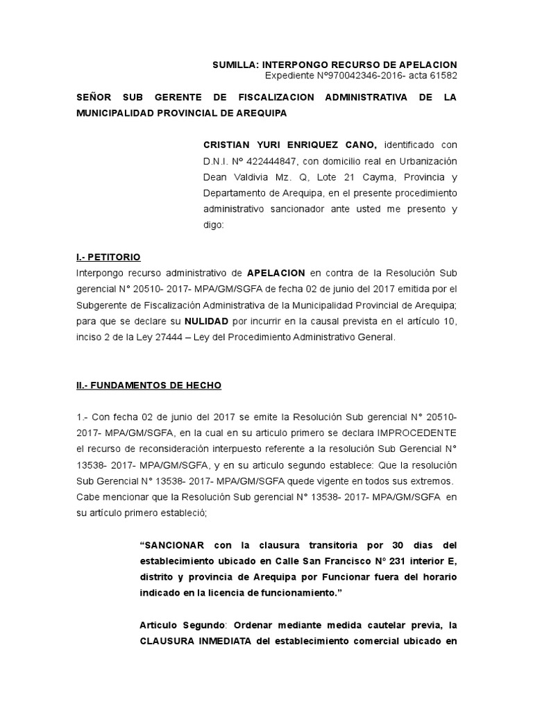 Recurso de Apelacion Administrativa Oscar | PDF | Debido al proceso ...