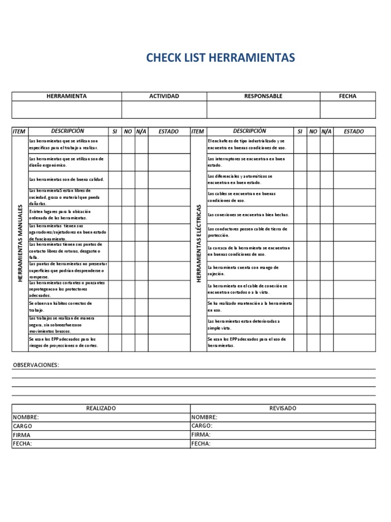 Check List Herramientas | Herramientas | Equipo