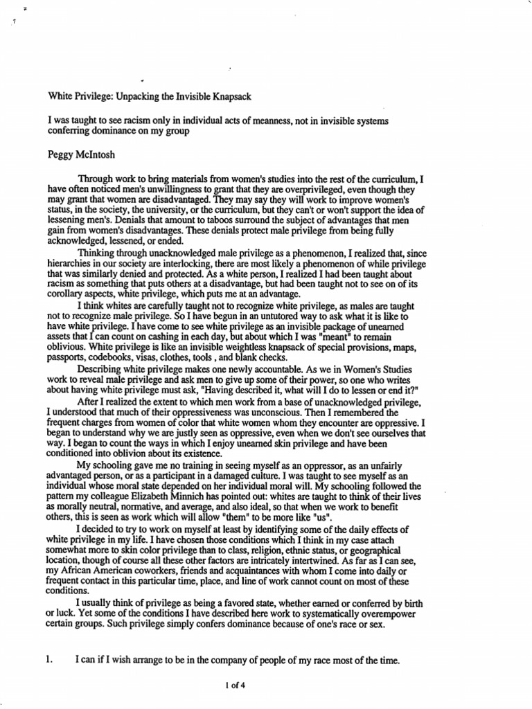 White Privilege Unpacking The Invisible Knapsack