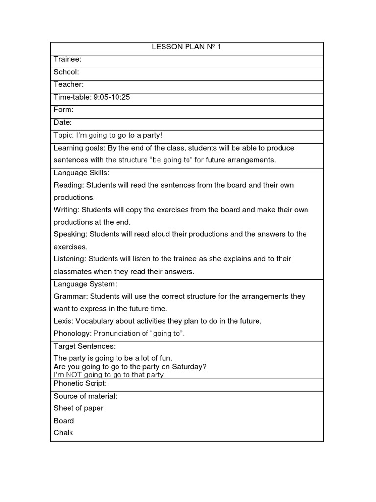 Lesson Plan Example. Topic: Be Going To. | PDF | Lesson Plan | English ...