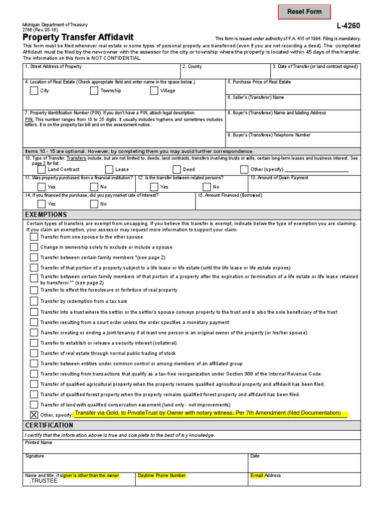 Form 2766 Affidavit of Property Transfer | Lease | Real Property Law