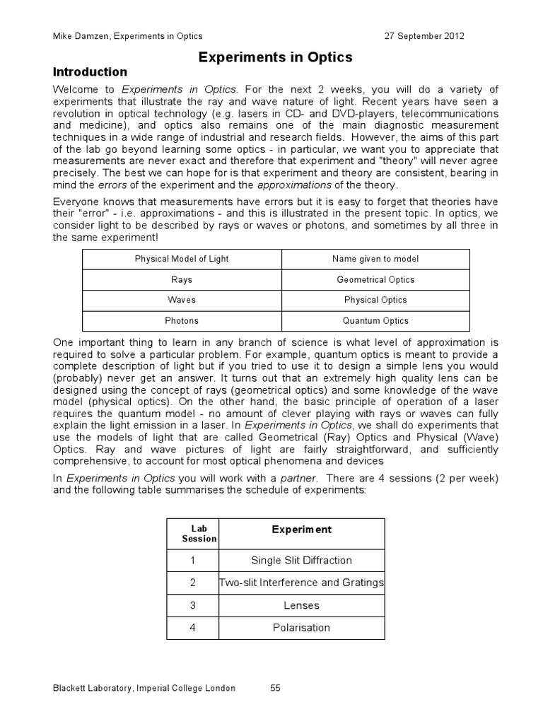 9-Optics Experiments PDF | PDF | Lens (Optics) | Diffraction