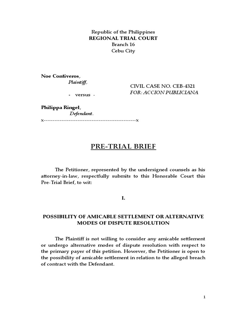 Pre-Trial Brief for Civil Case CEB-4321 | PDF | Public Law | Virtue