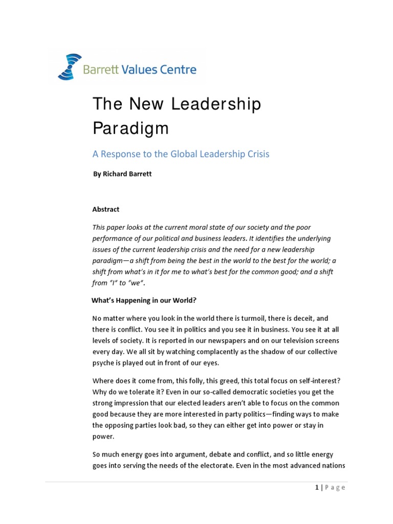 Barrett, 2011. The New Leadership Paradigm PDF | PDF | Human | Leadership