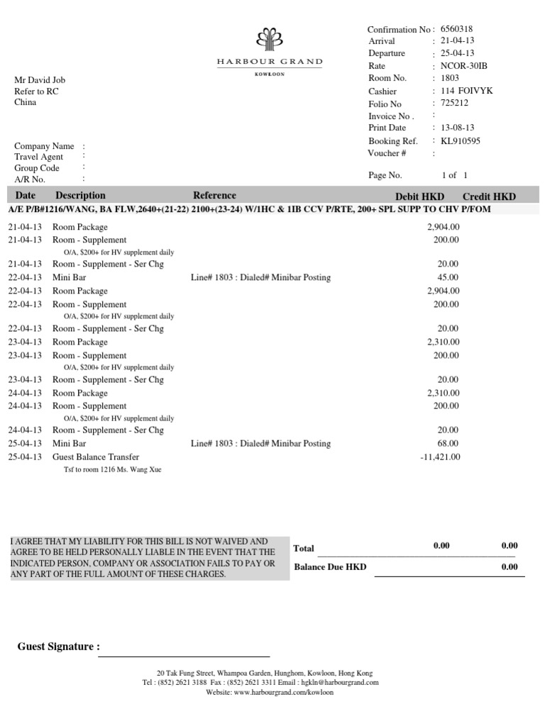 Hotel Stay Invoice for David Job from April 21-25, 2013 at Harbour ...