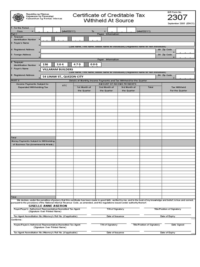 Form 2307 | PDF | Withholding Tax | Taxes